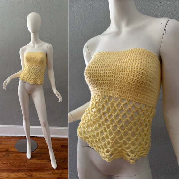 Hand Crafted | Tops | Vintage 7s Yellow Strapless Hand Knit Hippie Tube ...